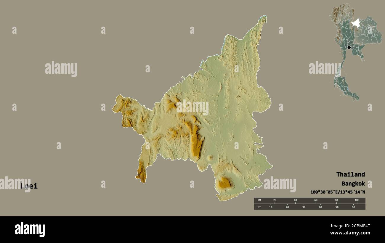 Shape of Loei, province of Thailand, with its capital isolated on solid ...