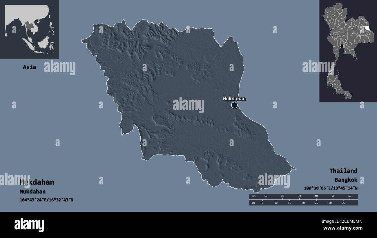 Shape of Mukdahan, province of Thailand, and its capital. Distance ...