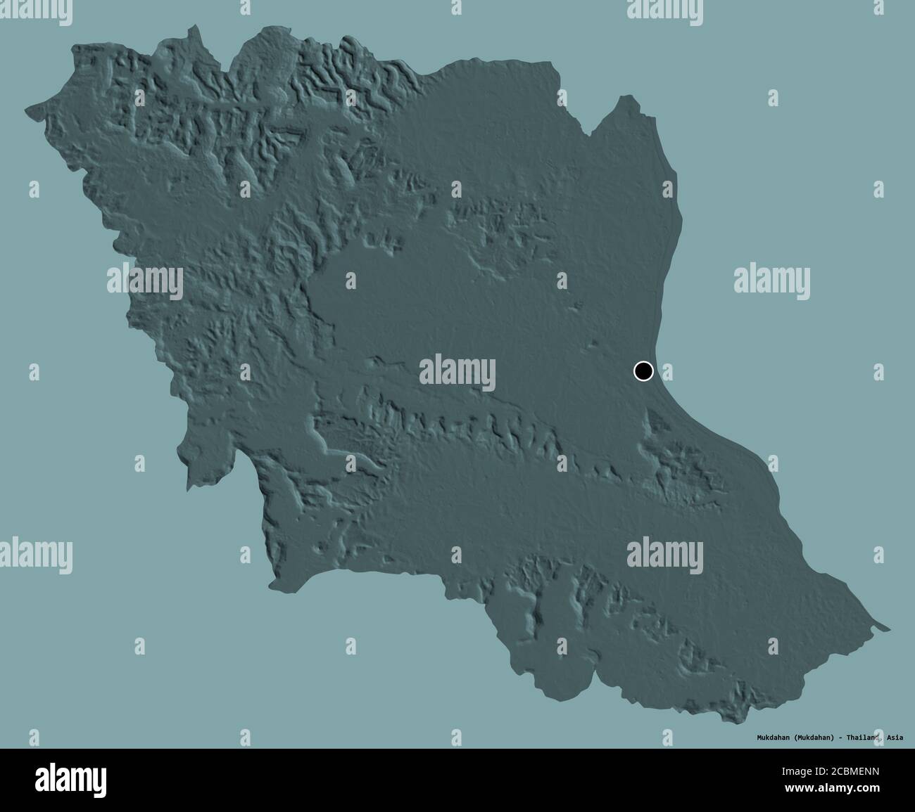 Shape of Mukdahan, province of Thailand, with its capital isolated on a ...