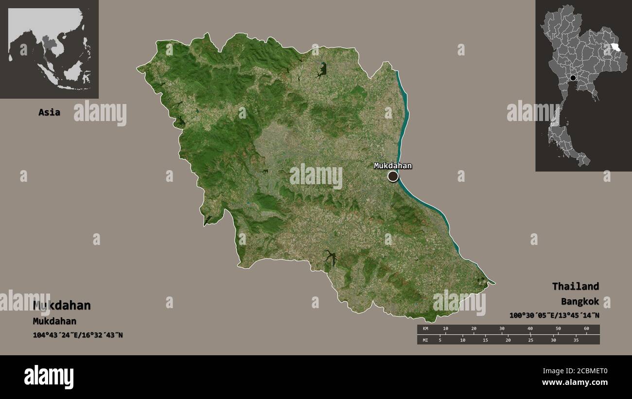 Shape of Mukdahan, province of Thailand, and its capital. Distance ...