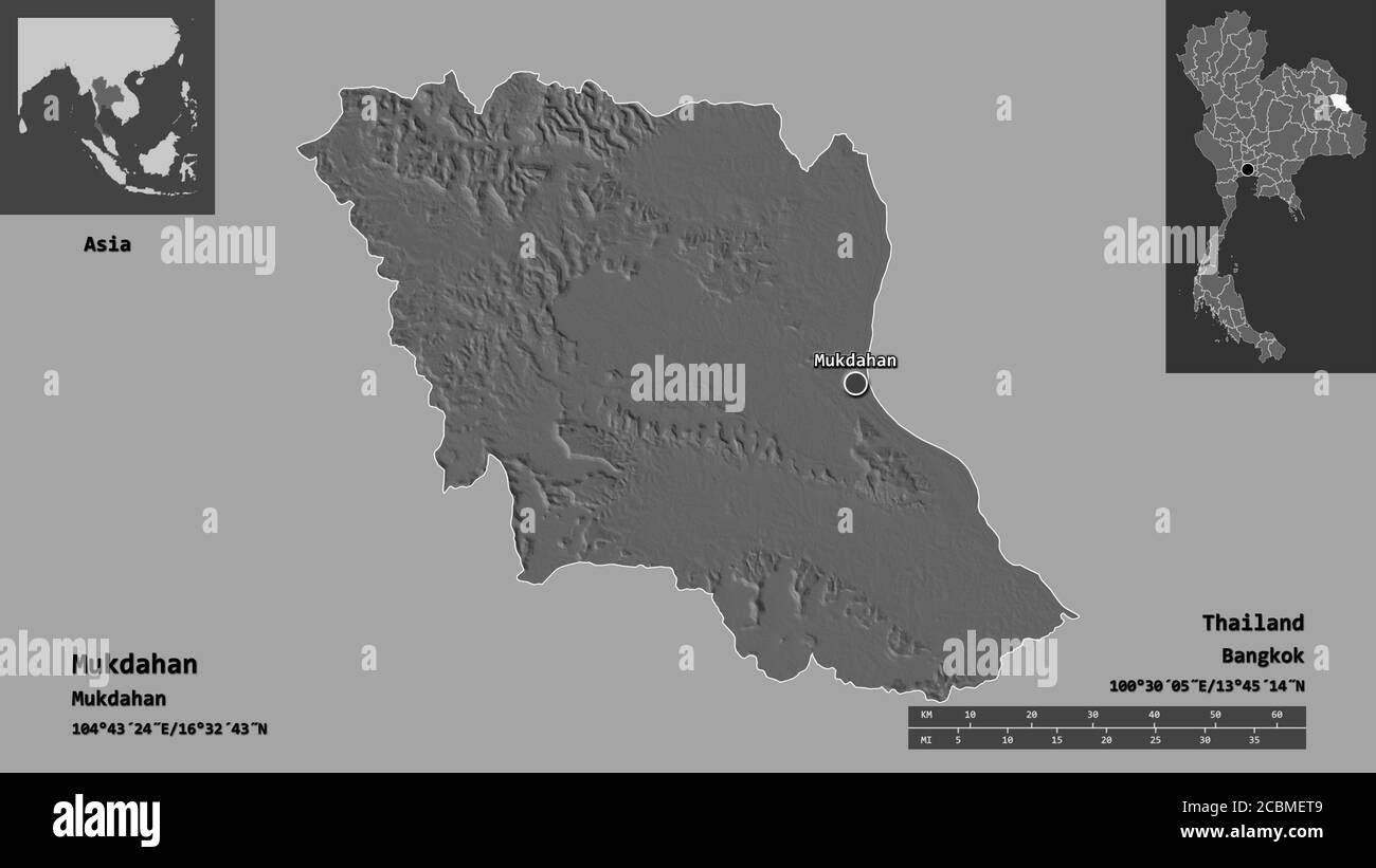 Shape of Mukdahan, province of Thailand, and its capital. Distance ...