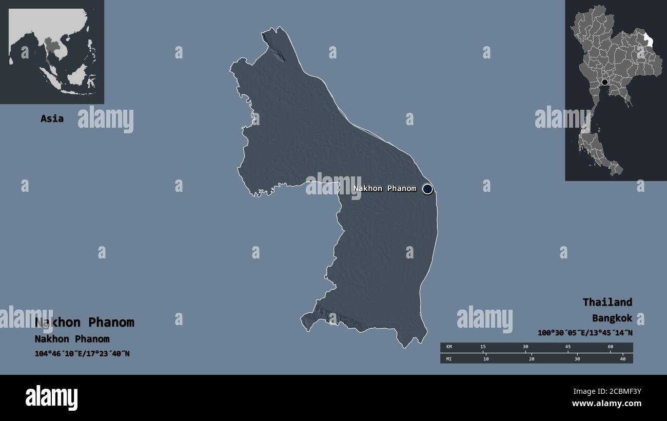 Shape of Nakhon Phanom, province of Thailand, and its capital. Distance ...