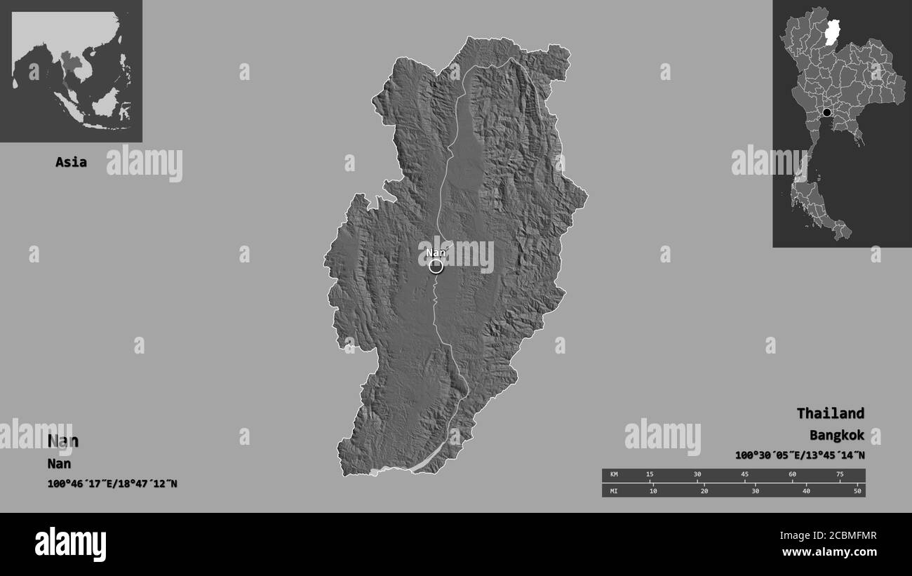 Shape of Nan, province of Thailand, and its capital. Distance scale ...