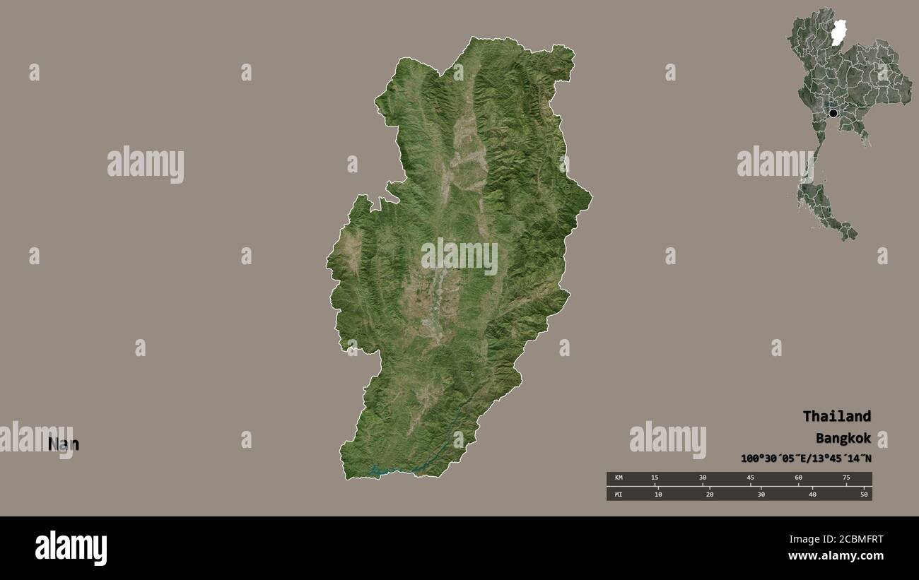 Shape of Nan, province of Thailand, with its capital isolated on solid ...