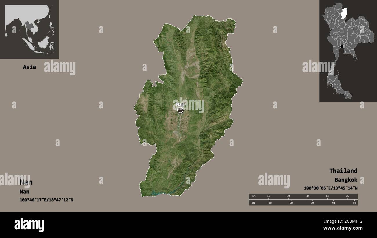 Shape of Nan, province of Thailand, and its capital. Distance scale ...