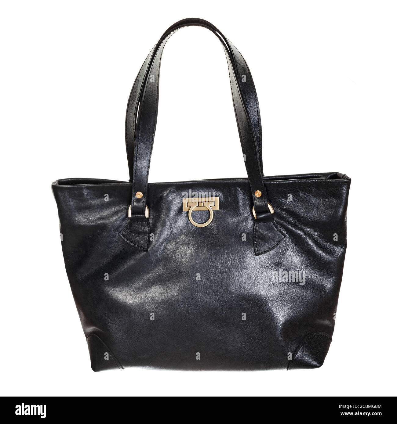 side view of handcrafted black leather shopper bag with brass clasp ...