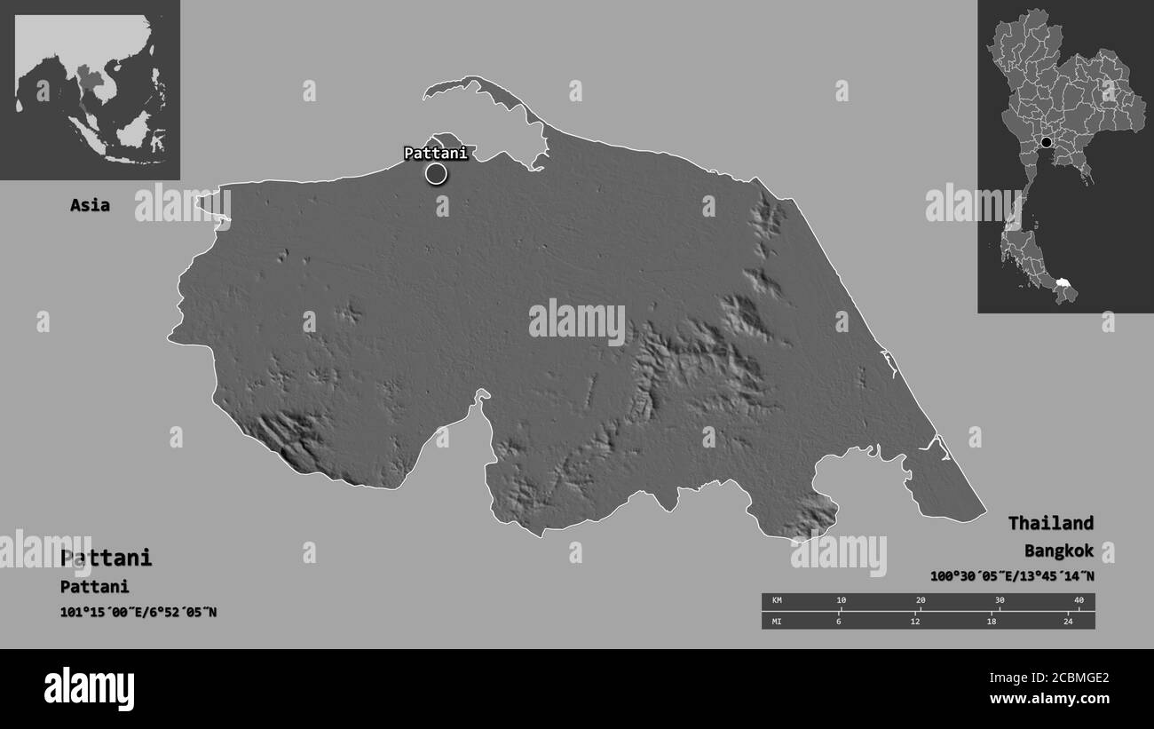 Shape of Pattani, province of Thailand, and its capital. Distance scale ...