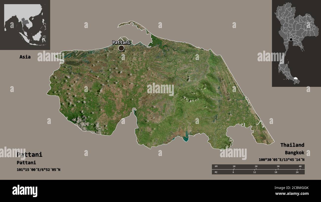 Shape of Pattani, province of Thailand, and its capital. Distance scale ...