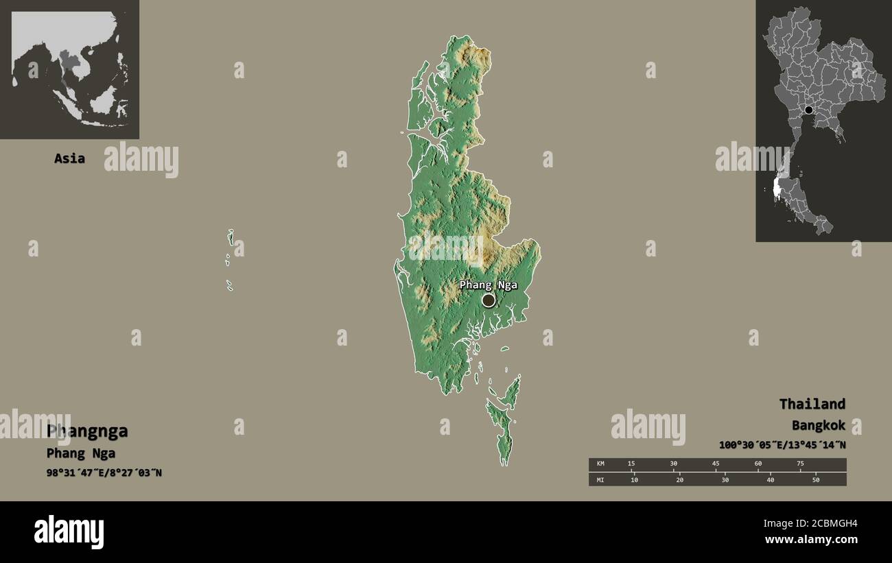 Shape of Phangnga, province of Thailand, and its capital. Distance ...