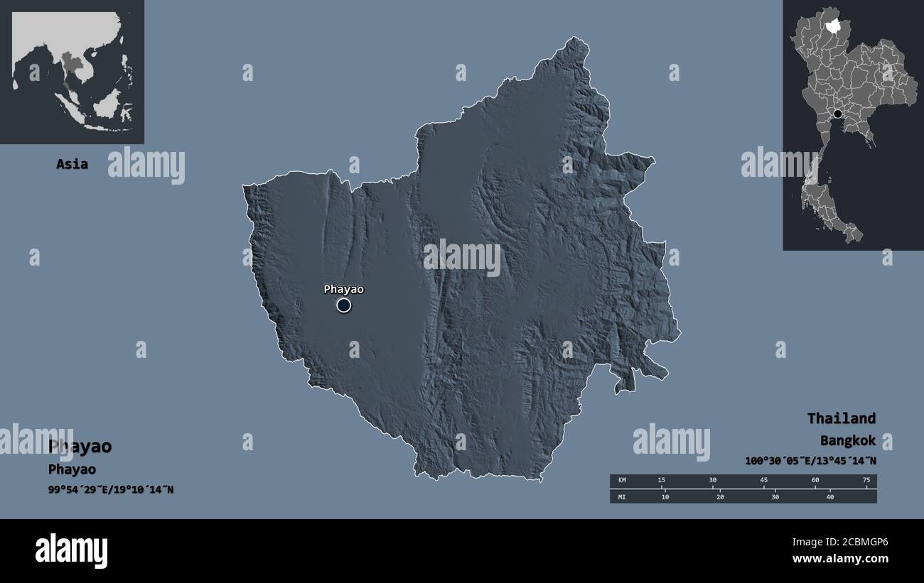 Shape of Phayao, province of Thailand, and its capital. Distance scale ...