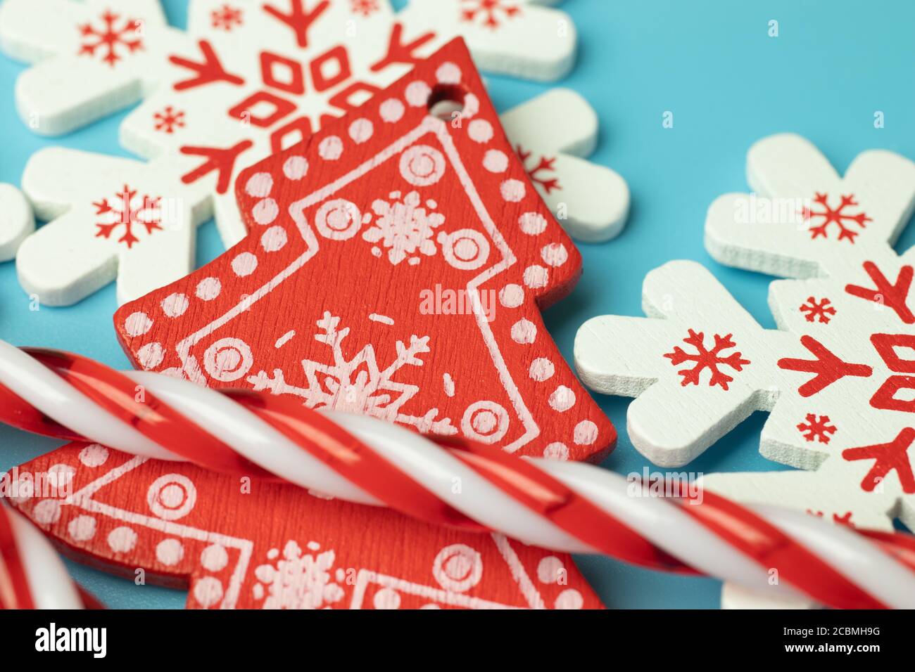 Christmas tree with pattern top view on blue background. New Year ...