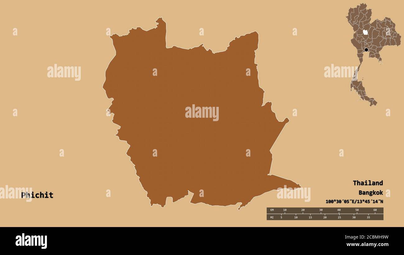Shape of Phichit, province of Thailand, with its capital isolated on ...