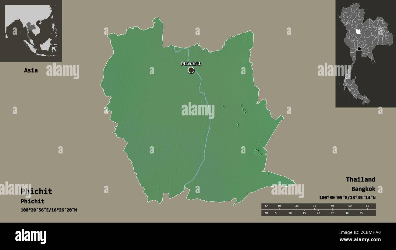 Shape of Phichit, province of Thailand, and its capital. Distance scale ...