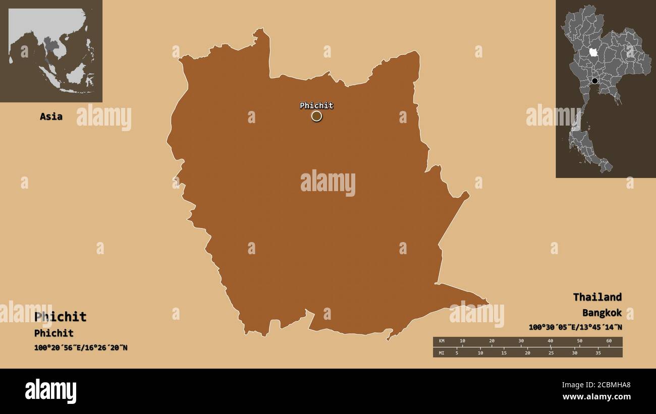 Shape of Phichit, province of Thailand, and its capital. Distance scale ...