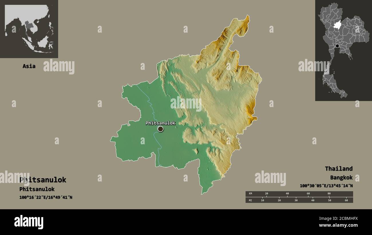 Shape of Phitsanulok, province of Thailand, and its capital. Distance ...
