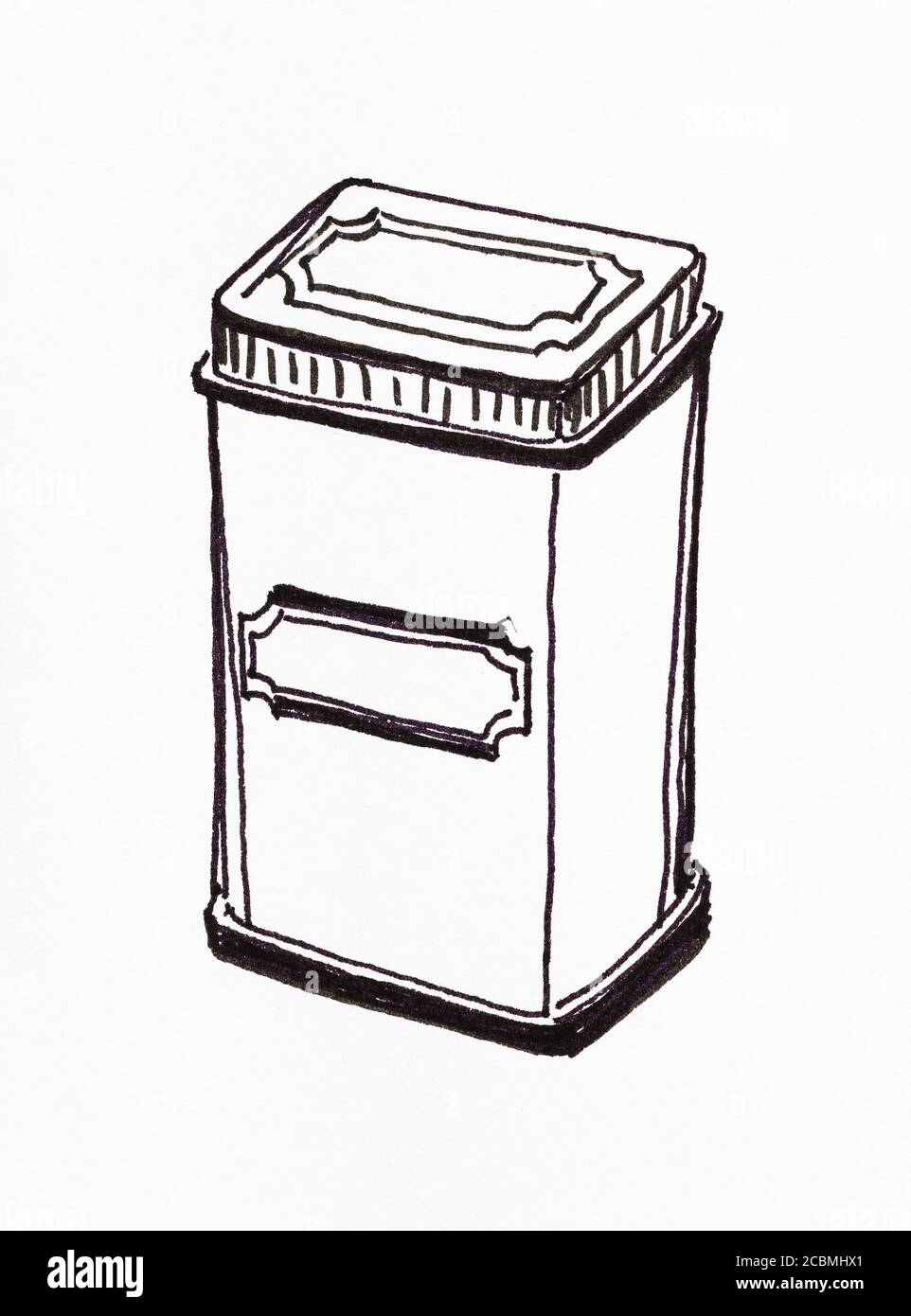 vintage tin tea box hand-drawn by black marker pen on white paper Stock ...