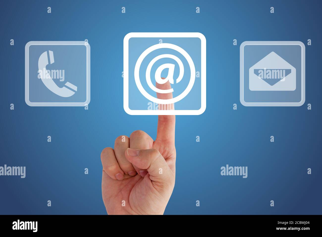 Finger pressing a white button with mail icon and call and messages ...