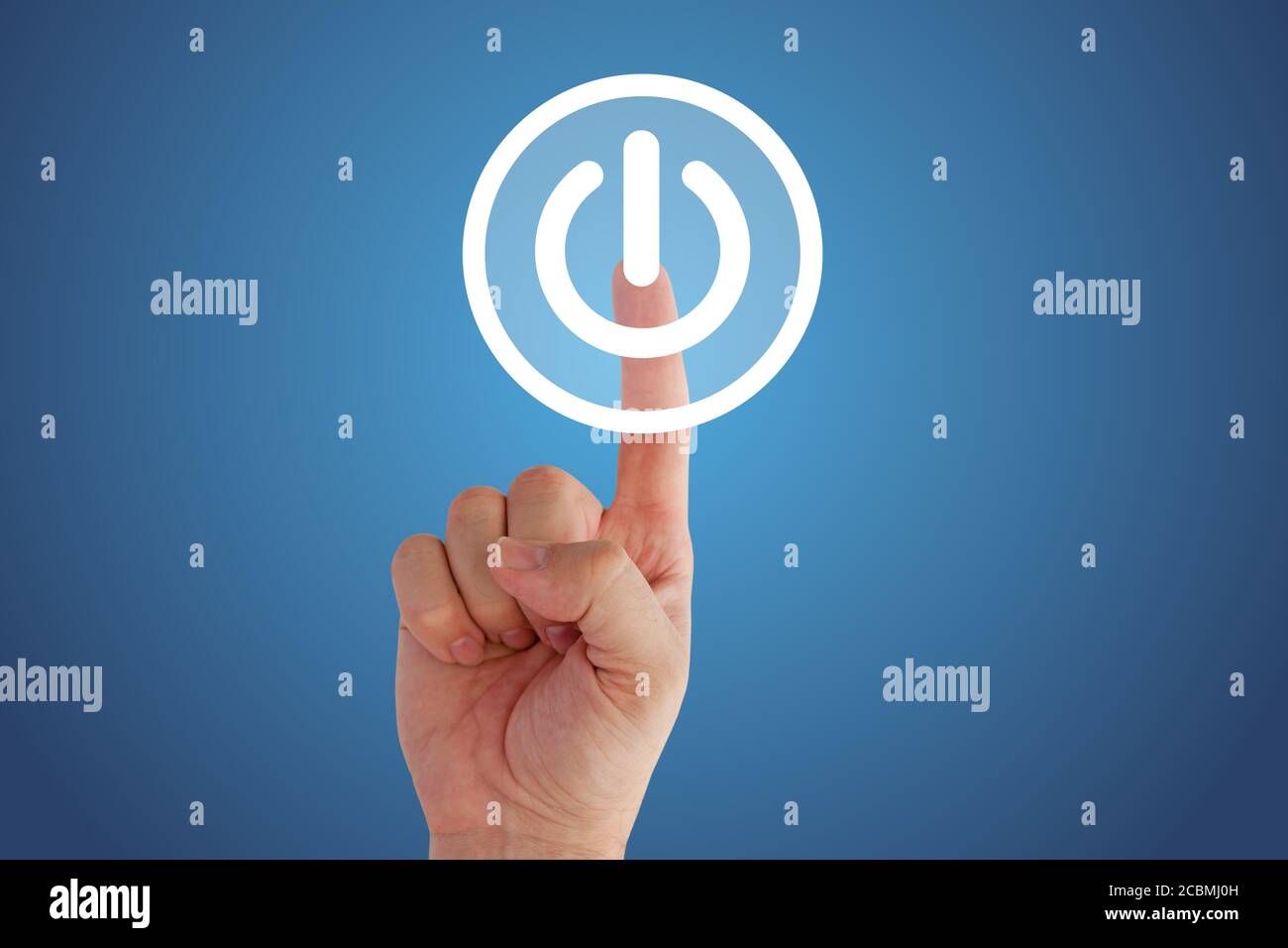 Person's forefinger pushing a start button on a blue background Stock ...