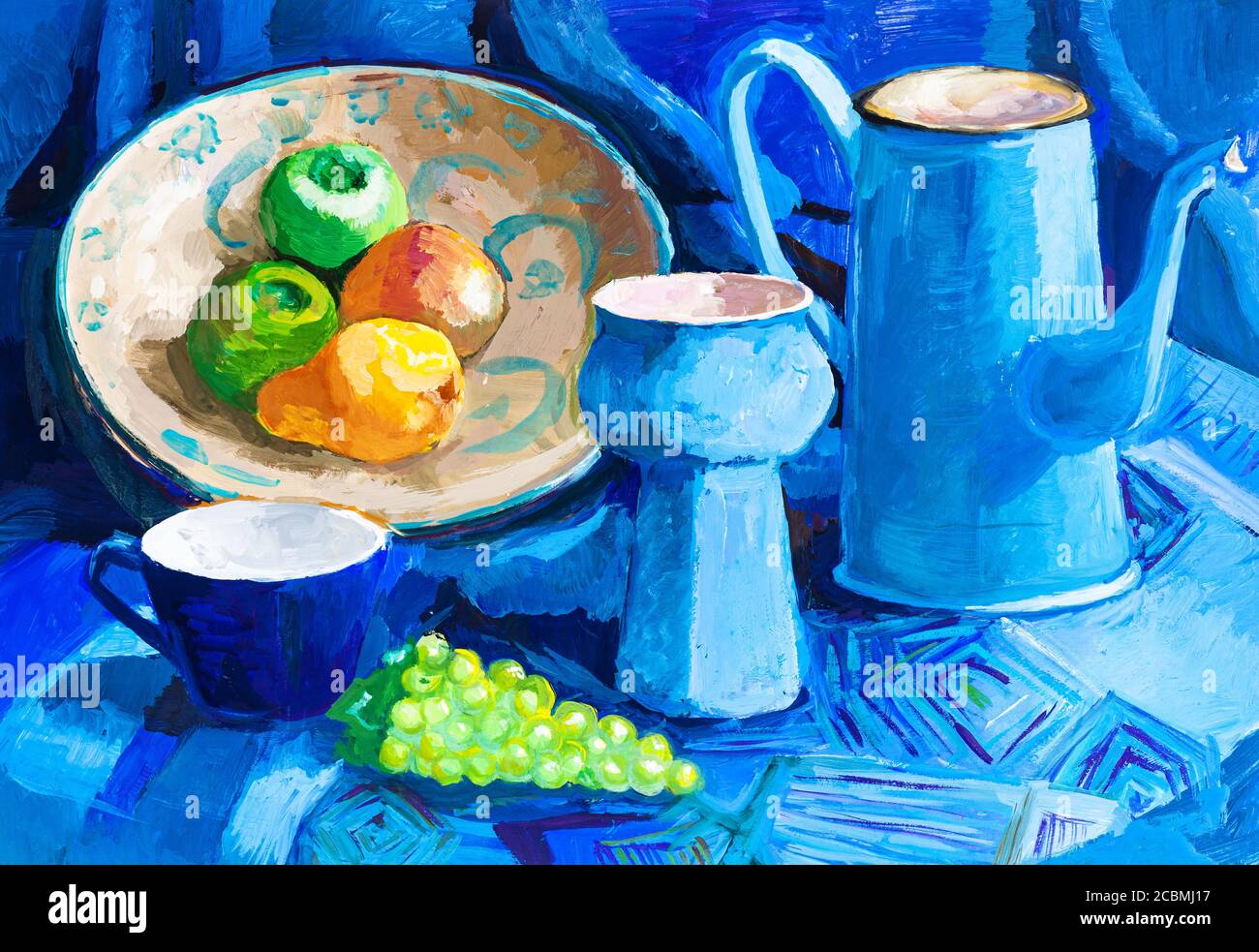 blue still life with coffee pot, vase, cup and fruits hand-drawn by ...