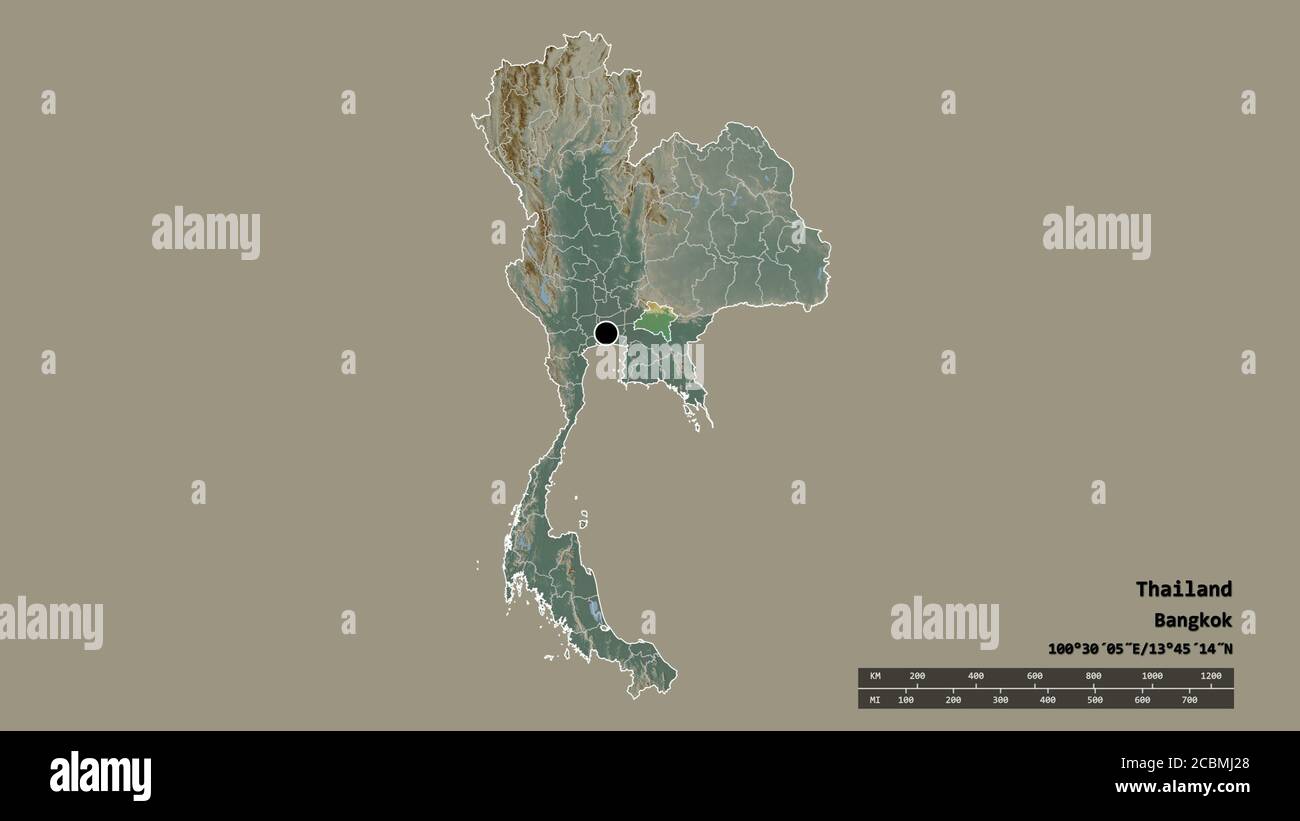 Desaturated shape of Thailand with its capital, main regional division ...