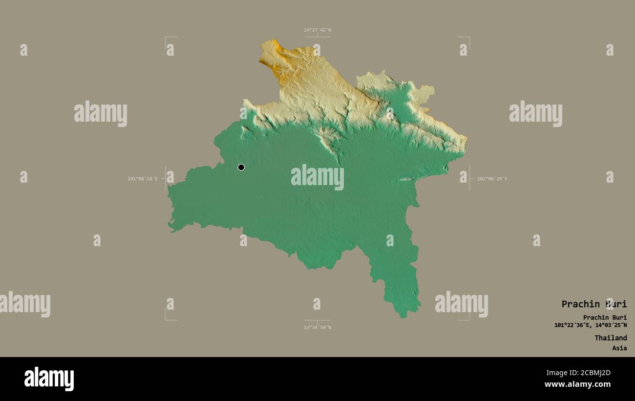 Area of Prachin Buri, province of Thailand, isolated on a solid ...