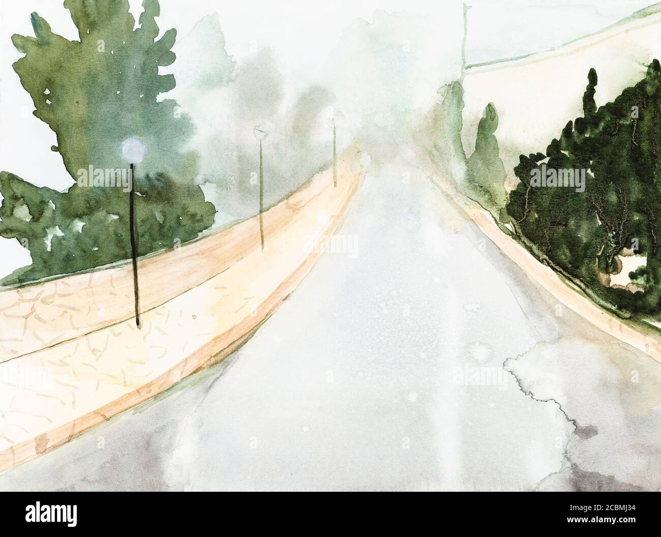 front view of wet road on rainy spring day in Ajloun city in Jordan ...