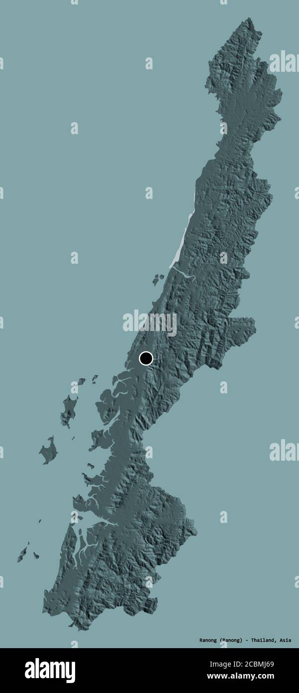 Shape of Ranong, province of Thailand, with its capital isolated on a ...