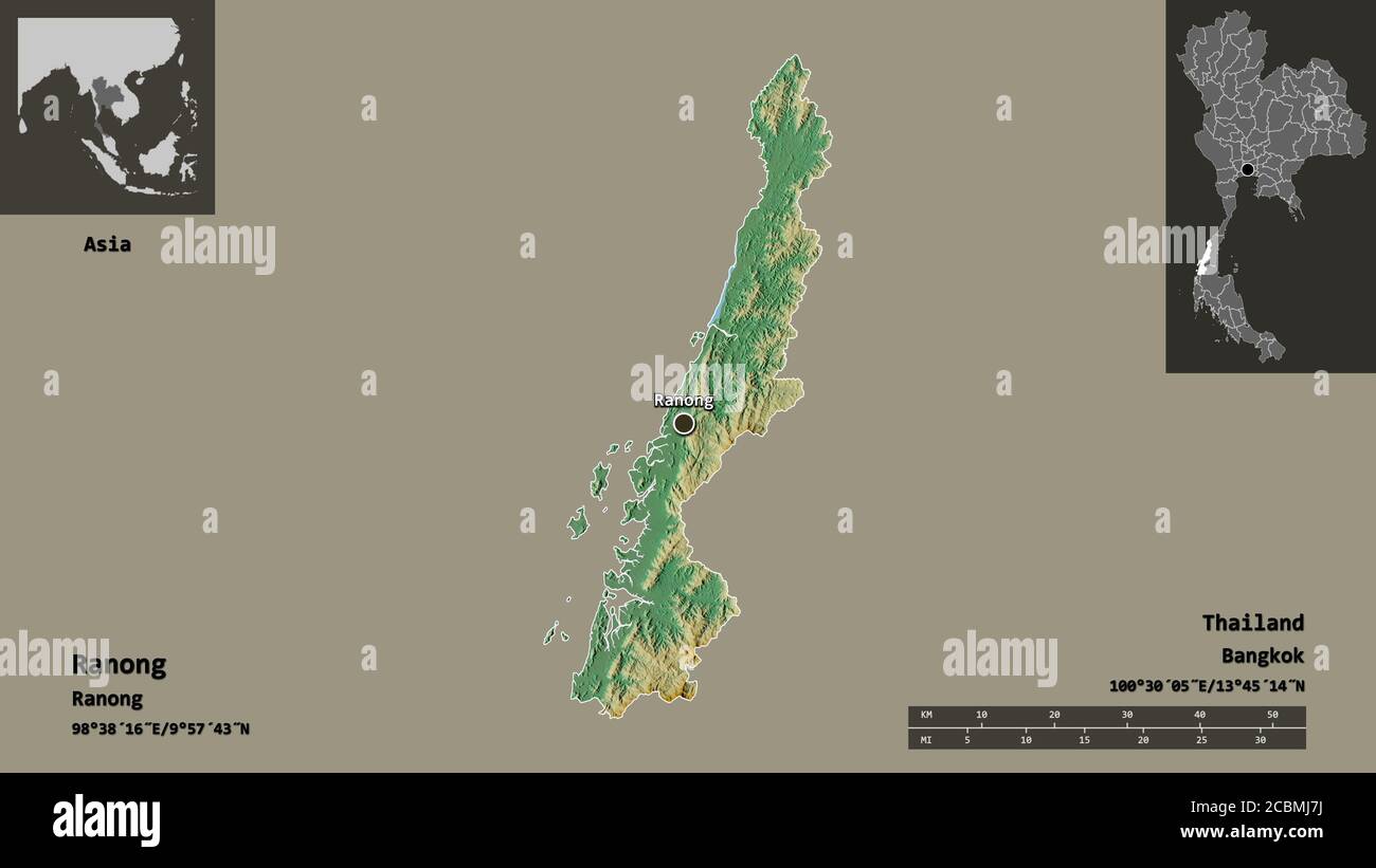 Shape of Ranong, province of Thailand, and its capital. Distance scale ...