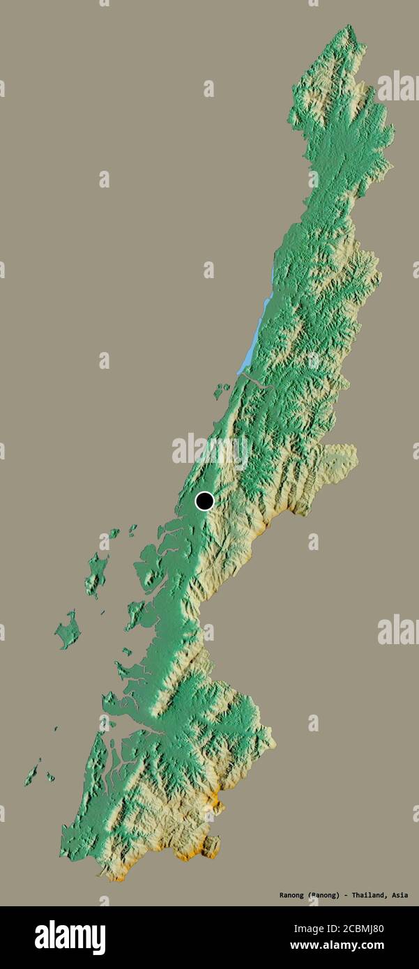 Shape of Ranong, province of Thailand, with its capital isolated on a ...