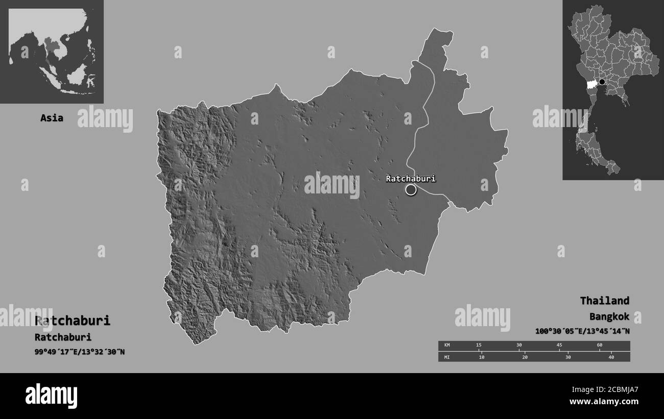 Shape of Ratchaburi, province of Thailand, and its capital. Distance ...