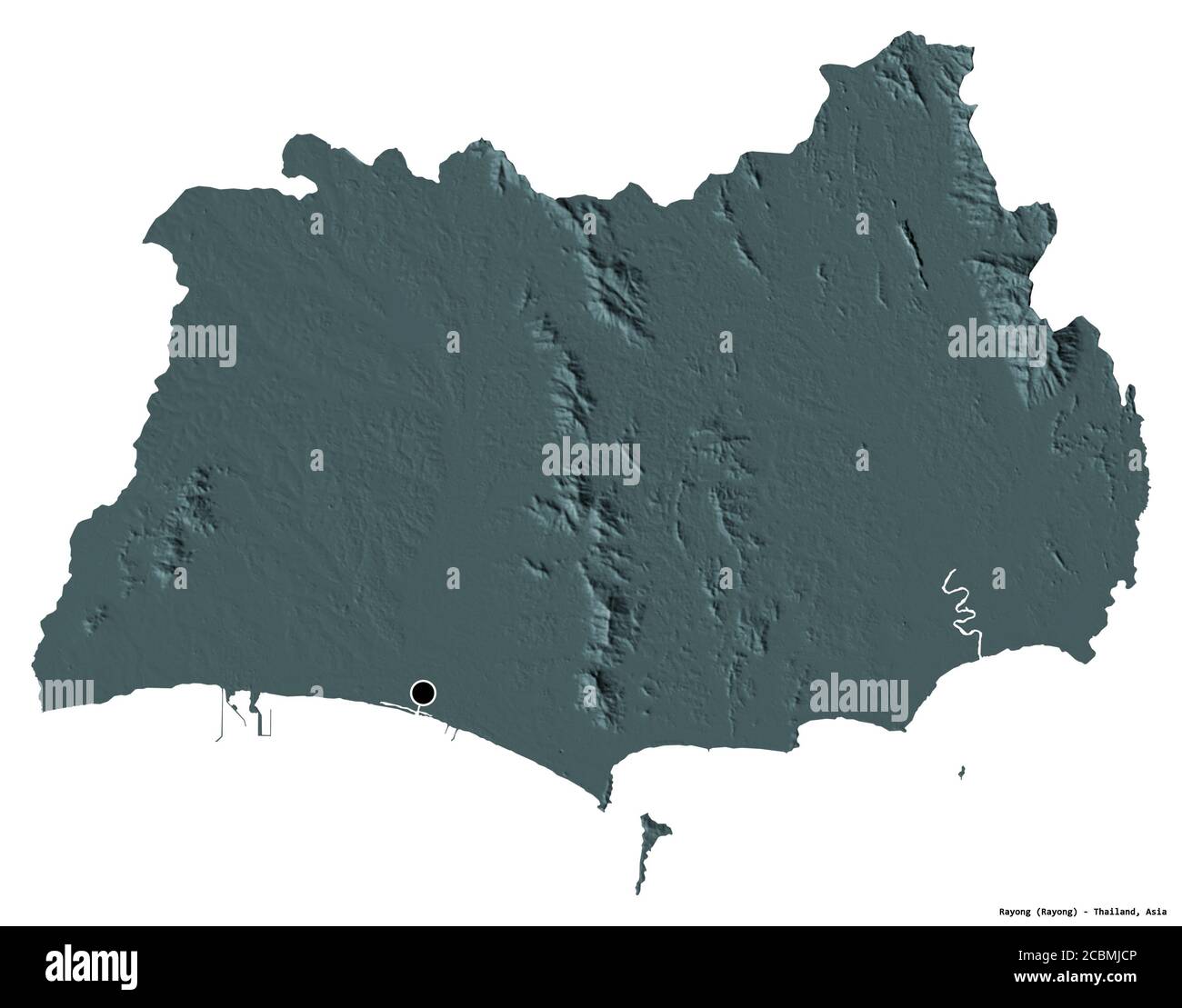 Shape of Rayong, province of Thailand, with its capital isolated on ...