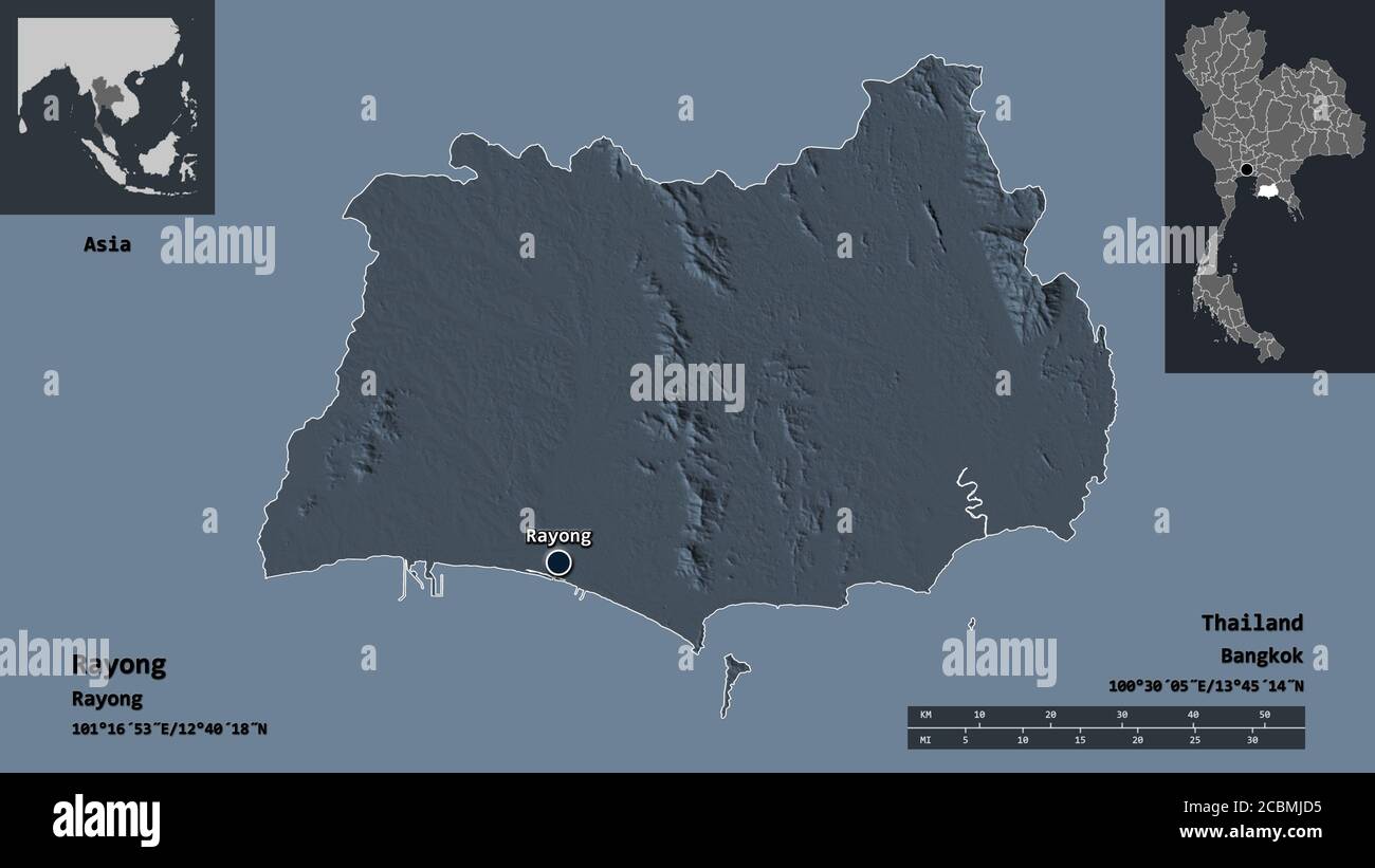 Shape of Rayong, province of Thailand, and its capital. Distance scale ...
