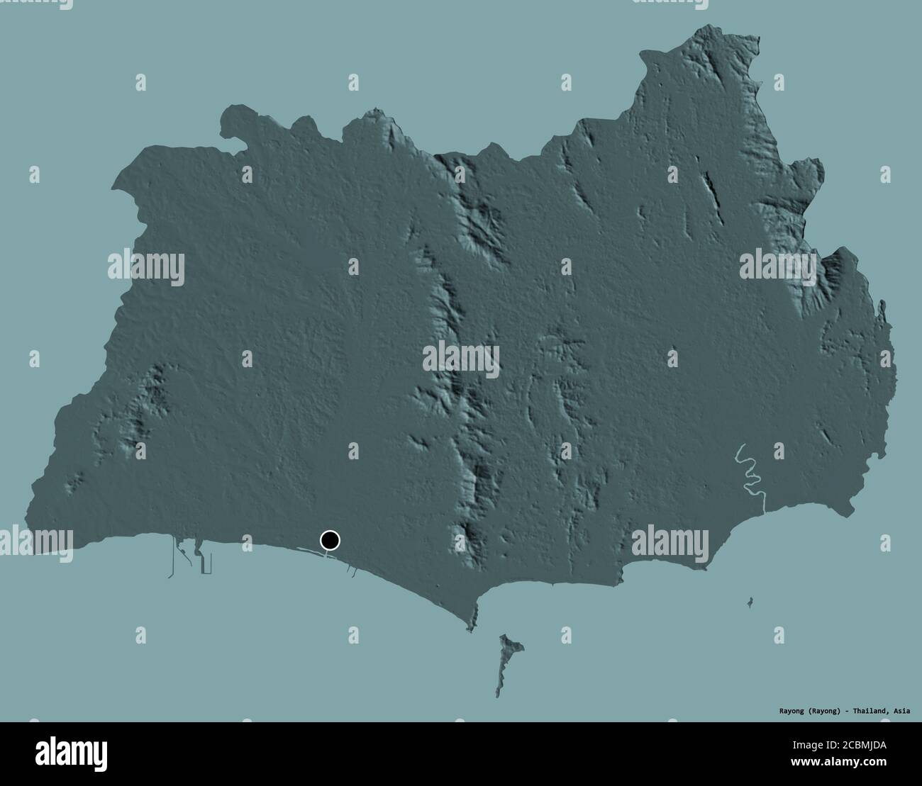 Shape of Rayong, province of Thailand, with its capital isolated on a ...