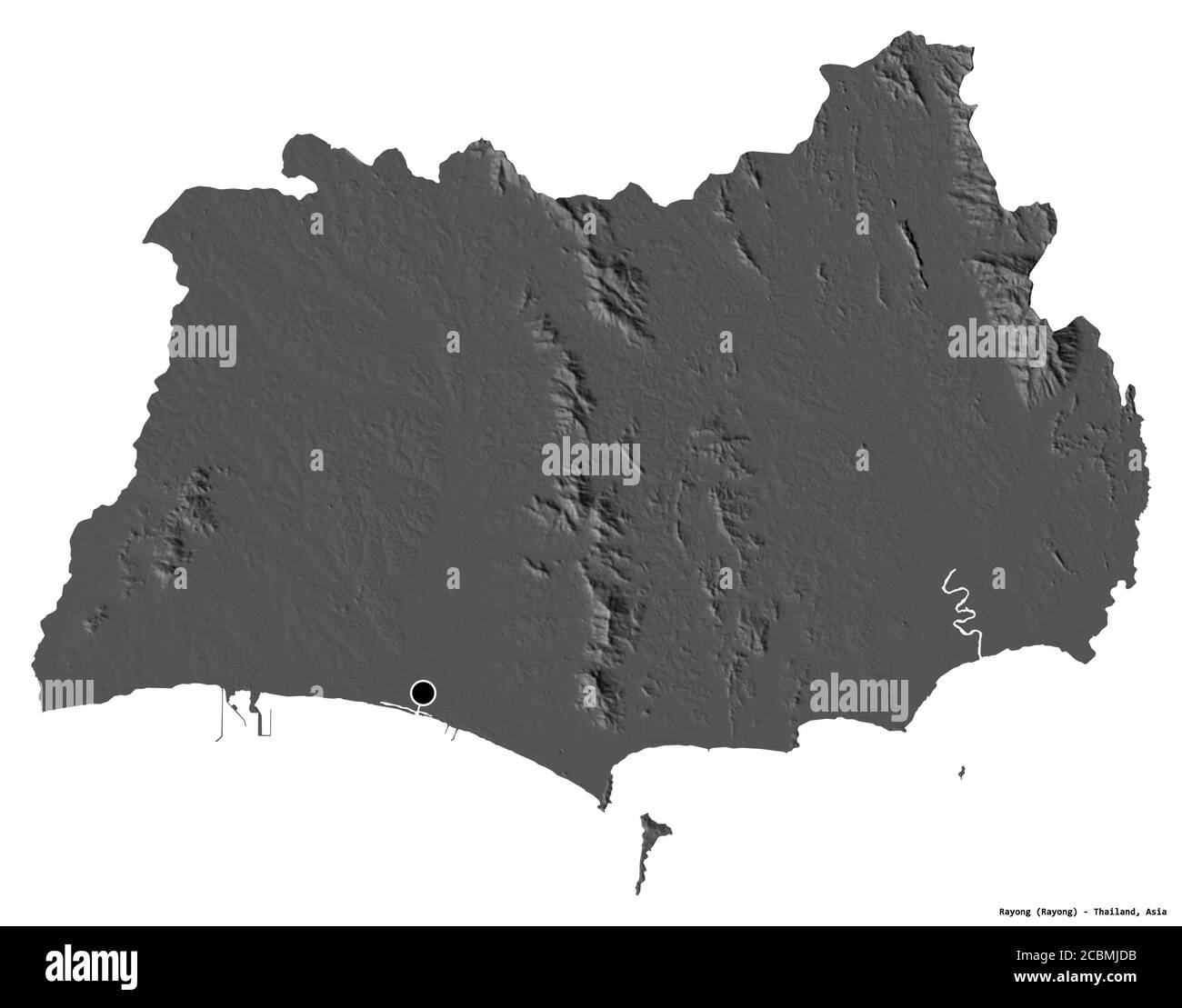 Shape of Rayong, province of Thailand, with its capital isolated on ...