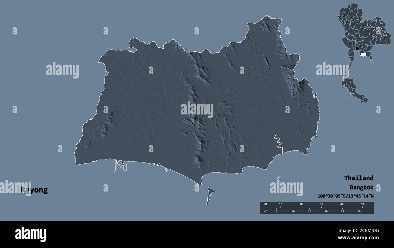 Shape of Rayong, province of Thailand, with its capital isolated on ...