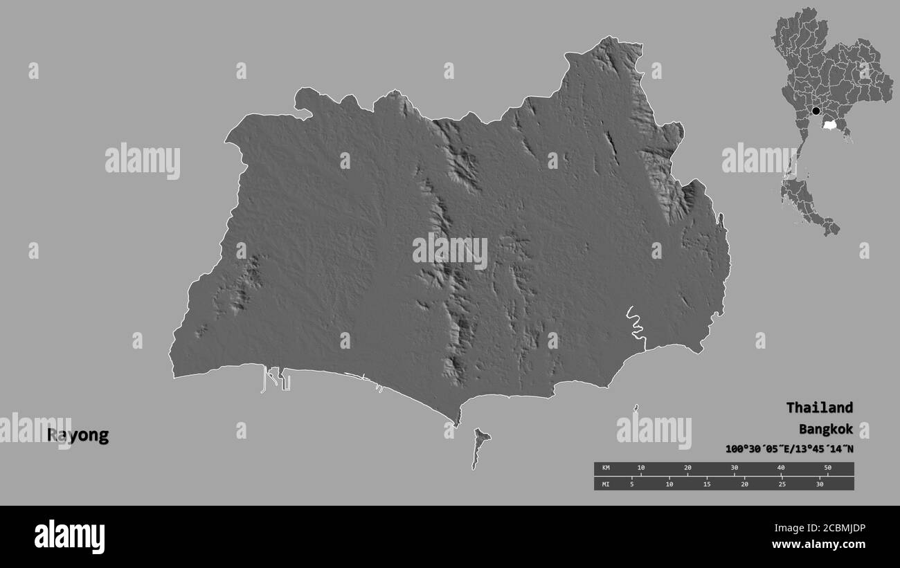 Shape of Rayong, province of Thailand, with its capital isolated on ...