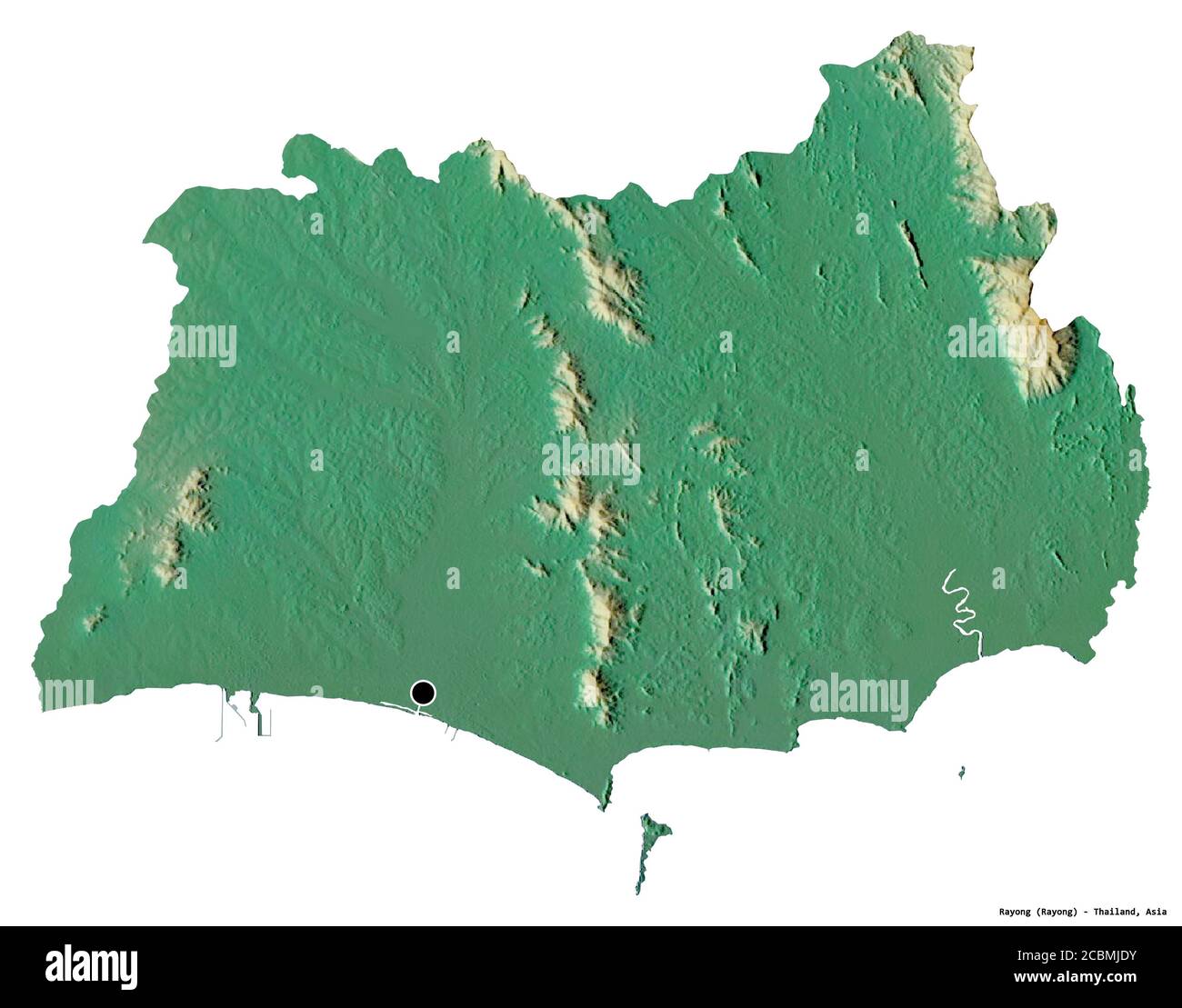 Shape of Rayong, province of Thailand, with its capital isolated on ...