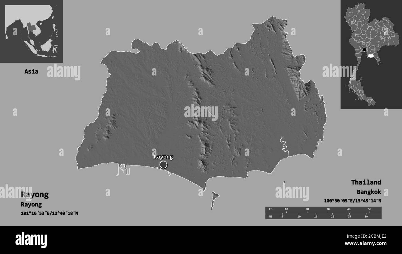 Shape of Rayong, province of Thailand, and its capital. Distance scale ...