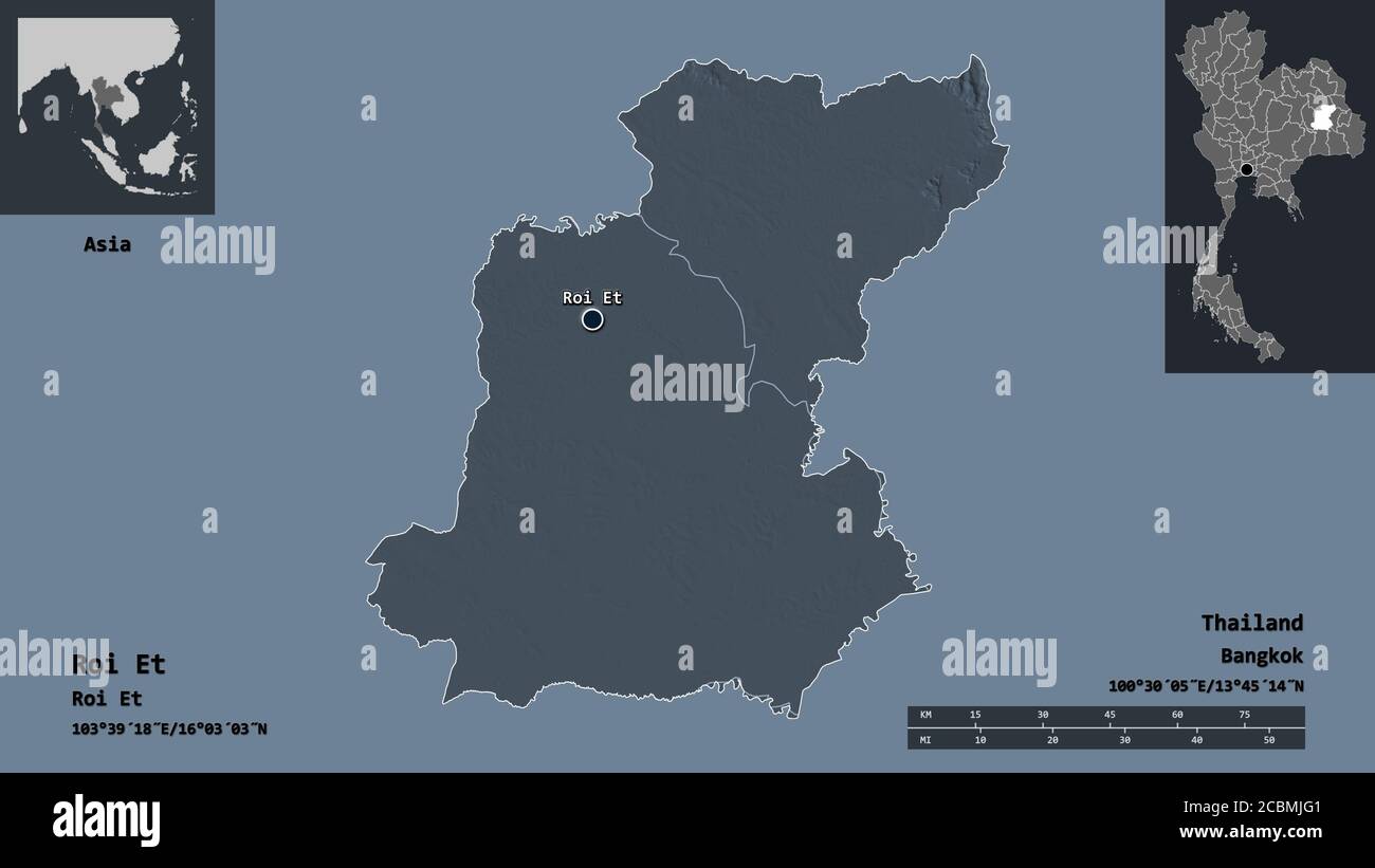 Shape of Roi Et, province of Thailand, and its capital. Distance scale ...