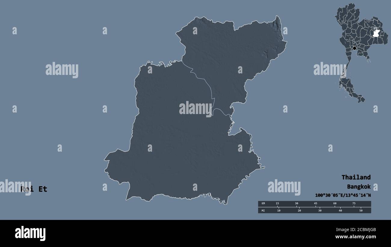 Shape of Roi Et, province of Thailand, with its capital isolated on ...