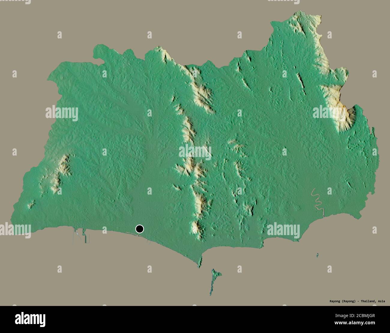 Shape of Rayong, province of Thailand, with its capital isolated on a ...
