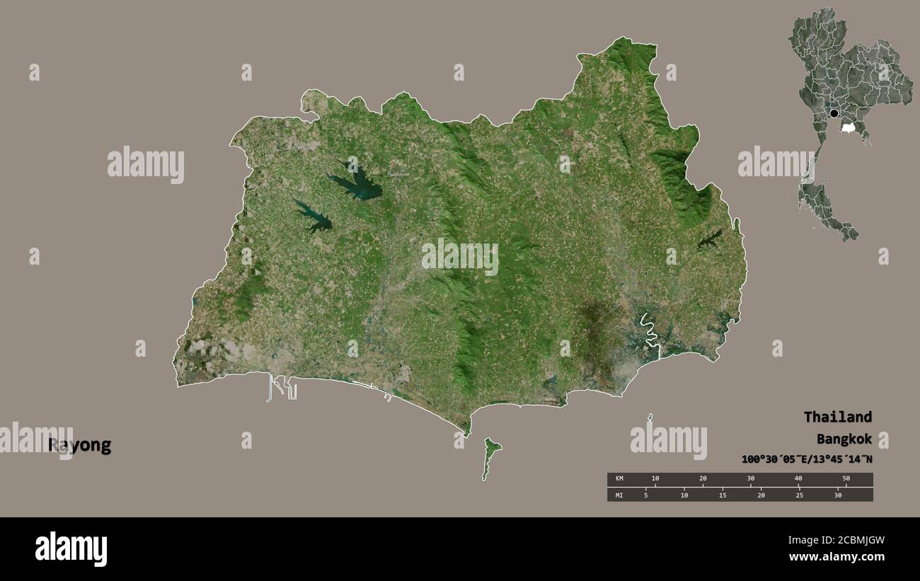 Shape of Rayong, province of Thailand, with its capital isolated on ...