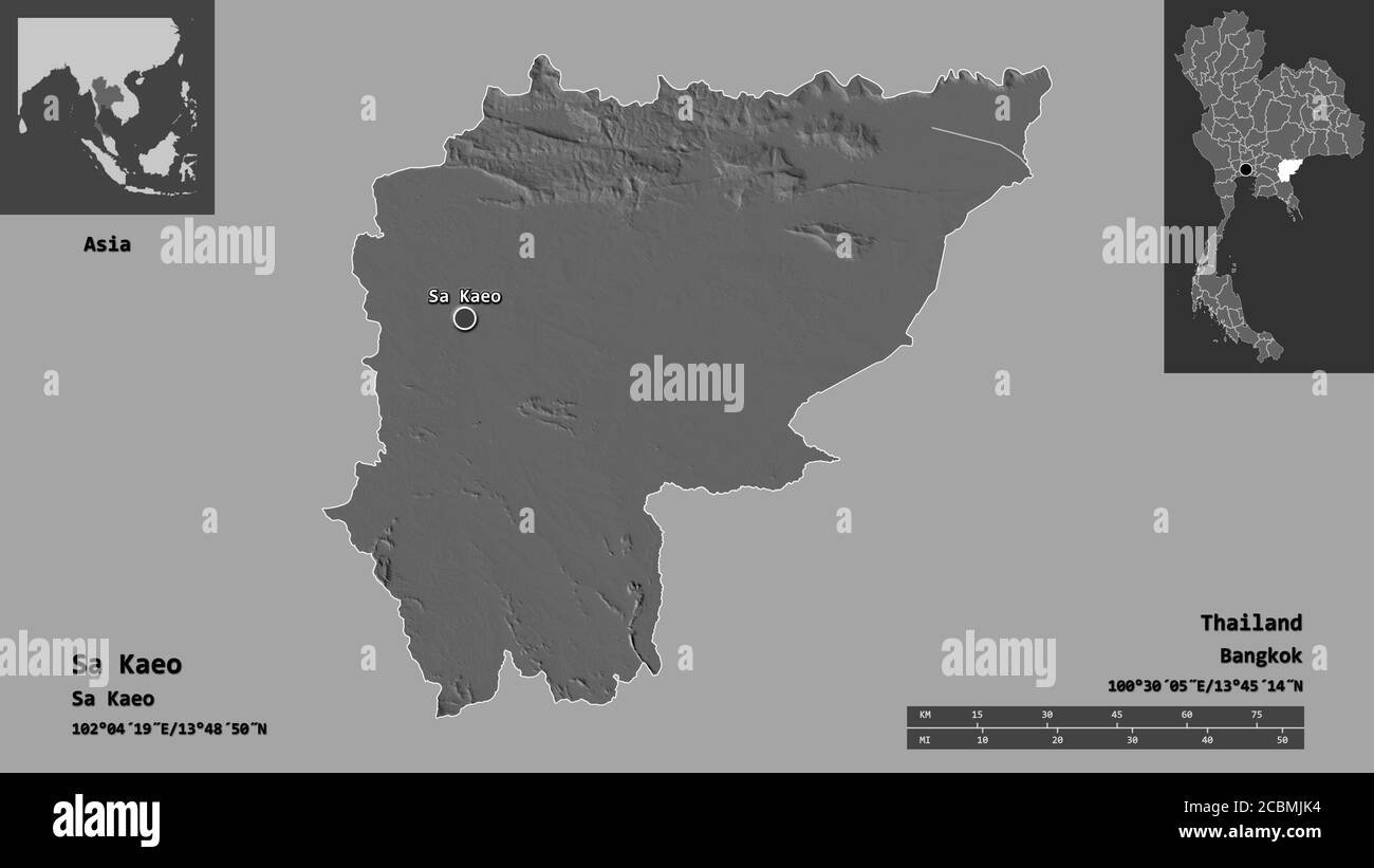 Shape of Sa Kaeo, province of Thailand, and its capital. Distance scale ...