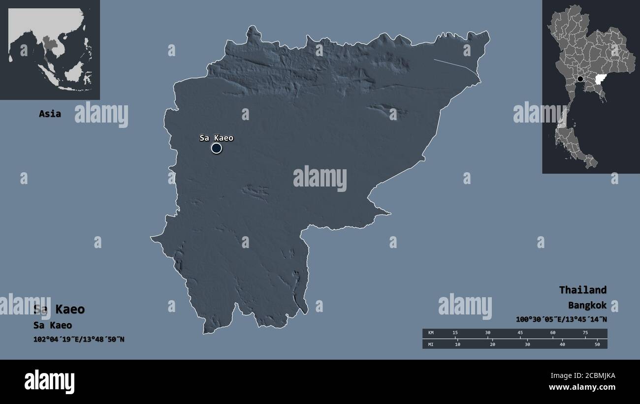 Shape of Sa Kaeo, province of Thailand, and its capital. Distance scale ...