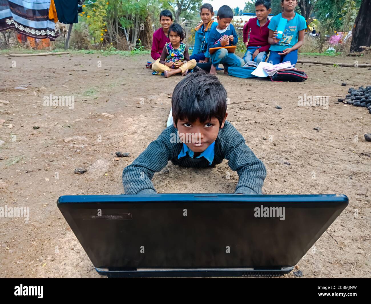 DISTRICT KATNI, INDIA - JANUARY 01, 2020: Indian village poor boy ...