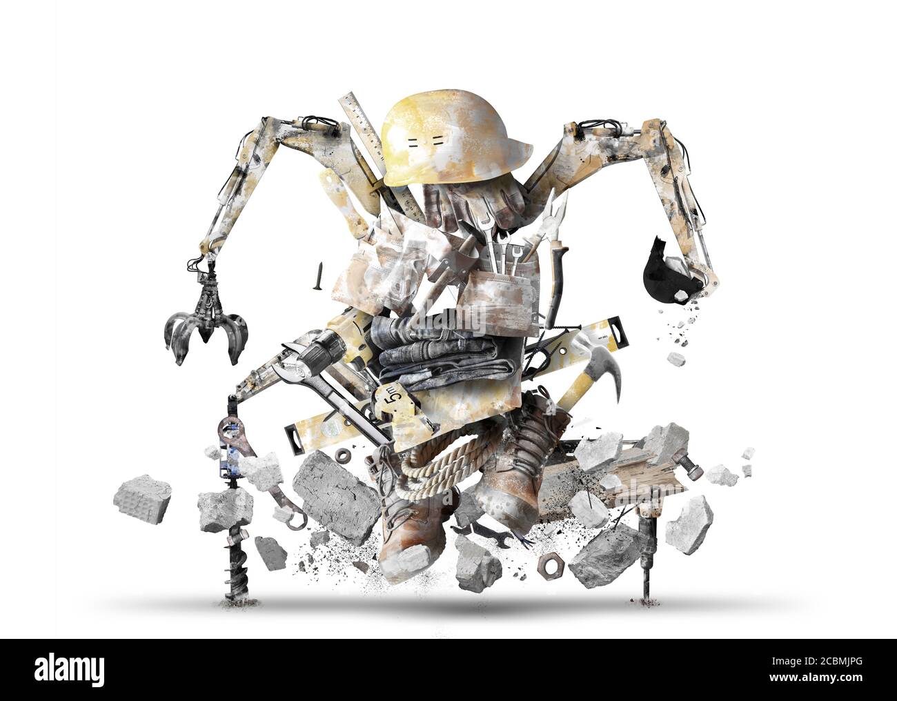 Huge construction robot, tools with construction machinery in grunge ...