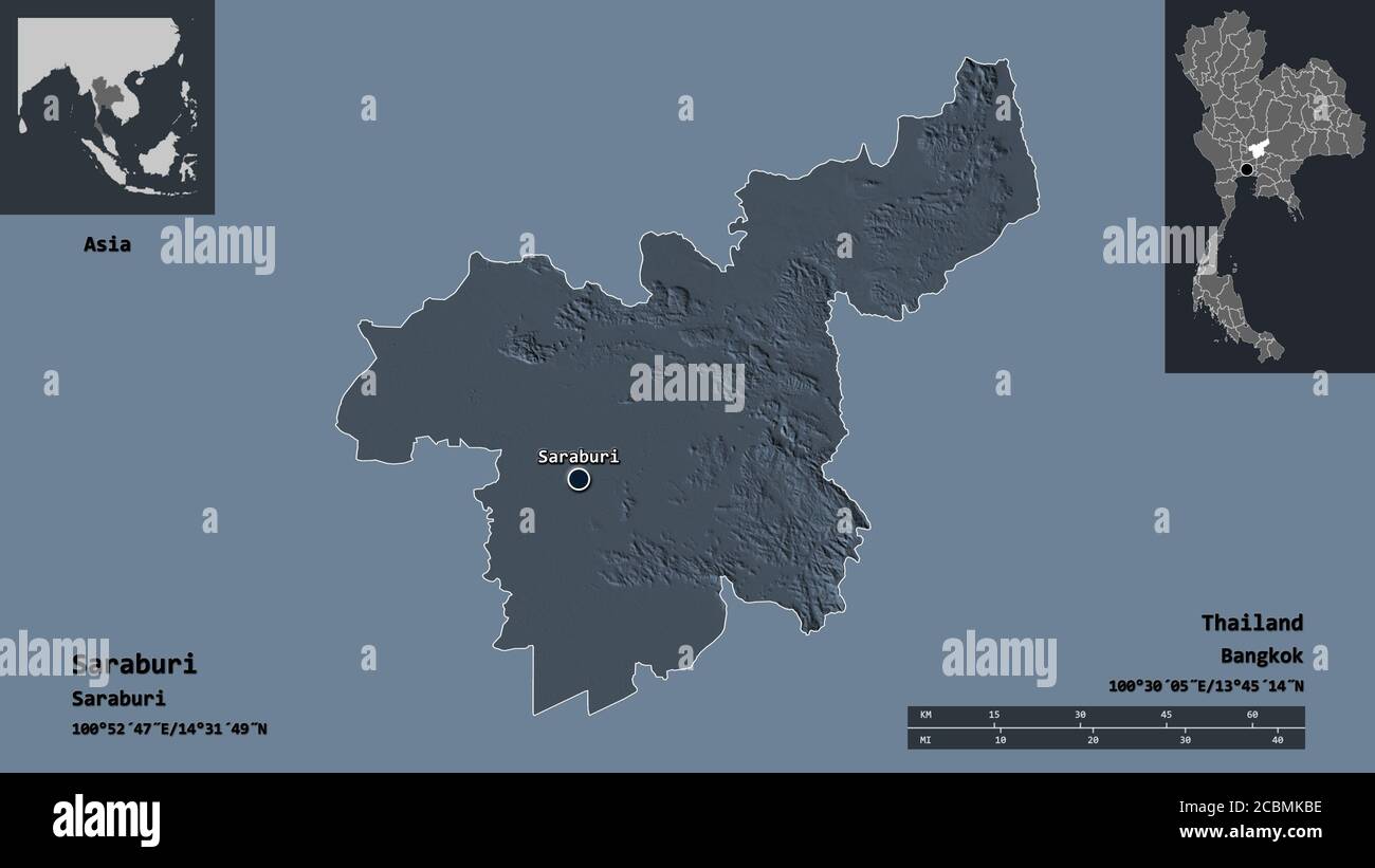 Shape of Saraburi, province of Thailand, and its capital. Distance ...