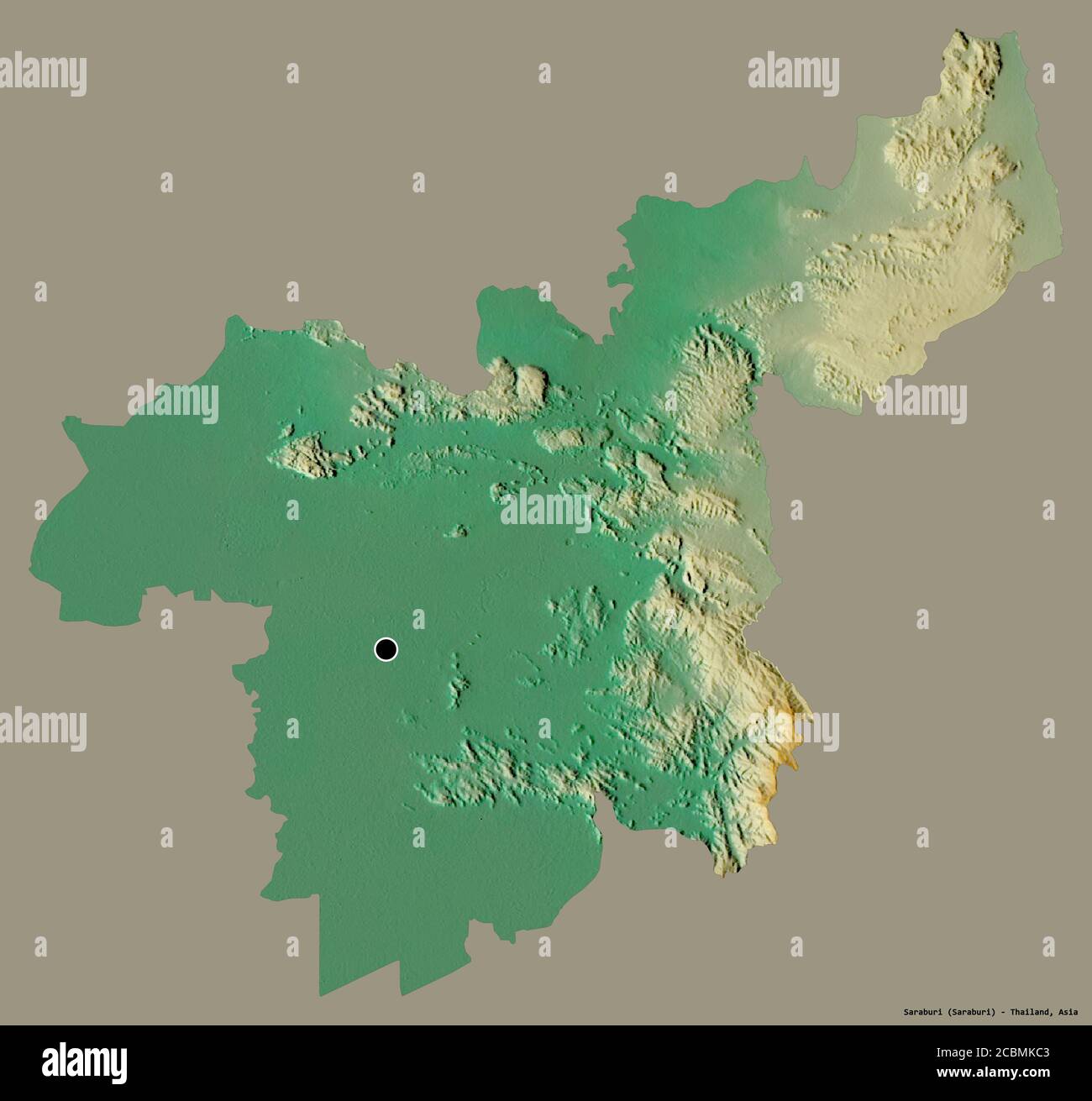 Shape of Saraburi, province of Thailand, with its capital isolated on a ...