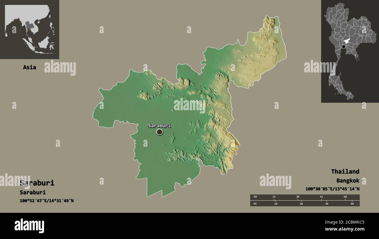 Shape of Saraburi, province of Thailand, and its capital. Distance ...