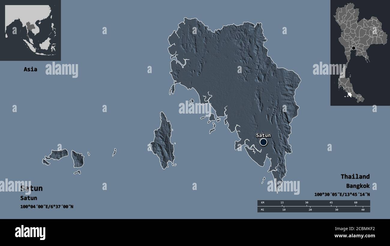 Shape of Satun, province of Thailand, and its capital. Distance scale ...